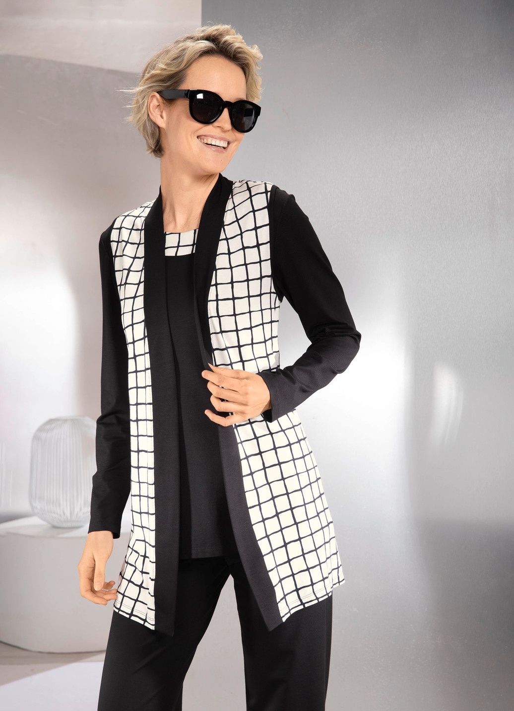 Damen - 2-teiliges Set bestehend aus Weste und Shirt - SCHWARZ-ECRU