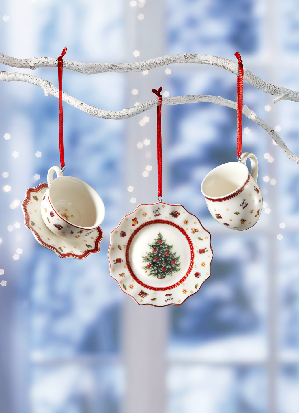 Villeroy & Boch Baumhänger aus Porzellan, 3er-Set - WEISS-ROT